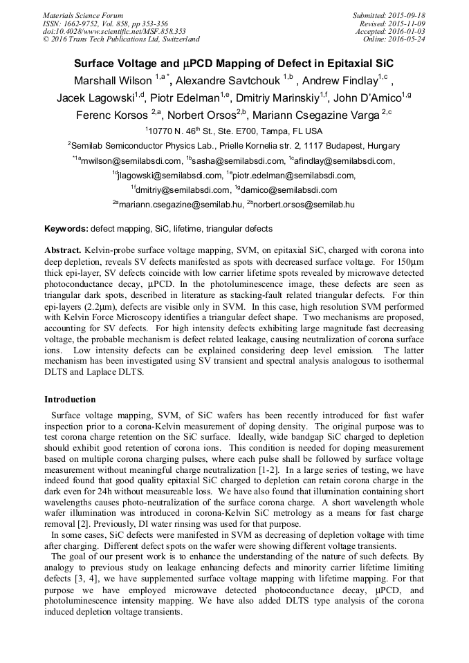 Surface Voltage and μPCD Mapping of Defect in Epitaxial SiC ...