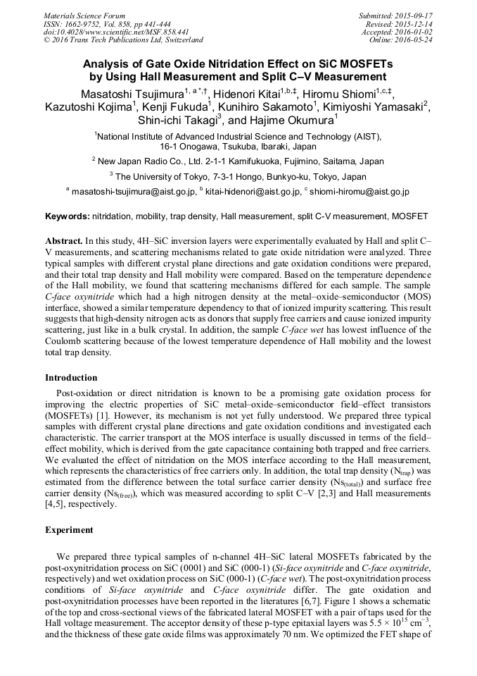 Analysis of Gate Oxide Nitridation Effect on SiC MOSFETs by Using Hall ...
