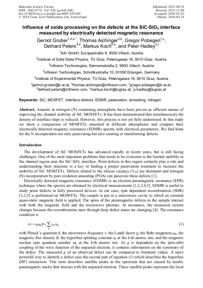 Influence of Oxide Processing on the Defects at the SiC-SiO2 Interface ...