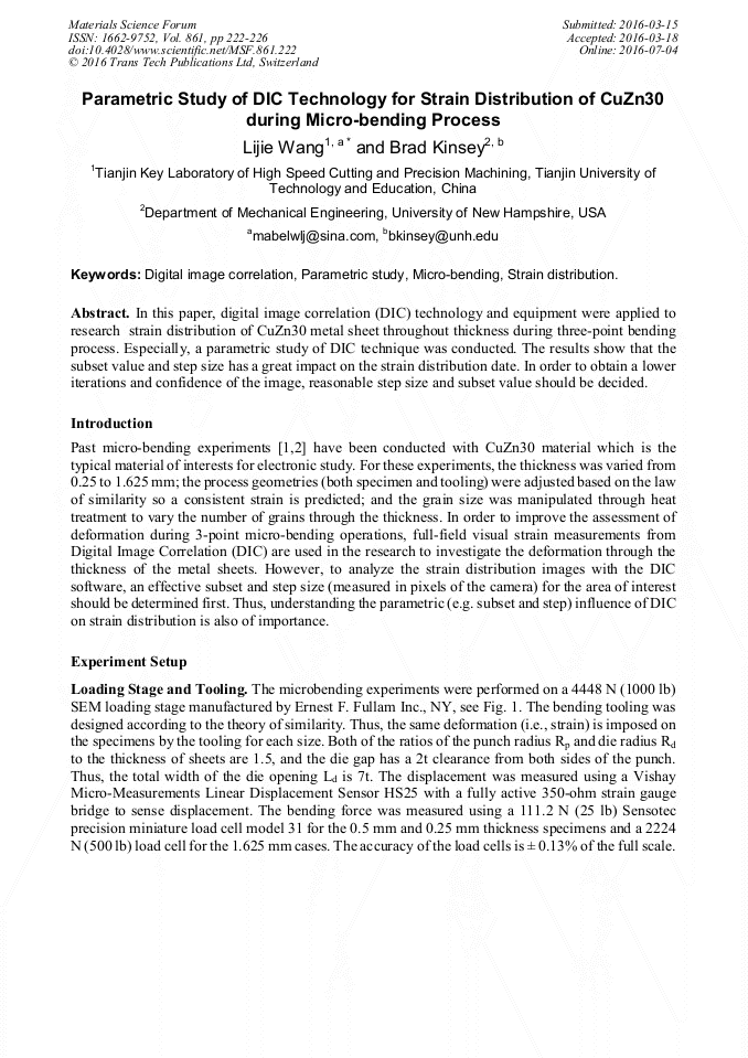 Parametric Study of DIC Technology for Strain Distribution of CuZn30 ...