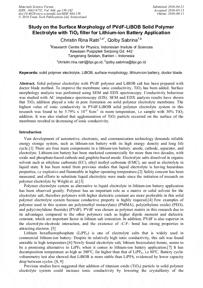 Study on the Surface Morphology of PVdF-LiBOB Solid Polymer Electrolyte ...