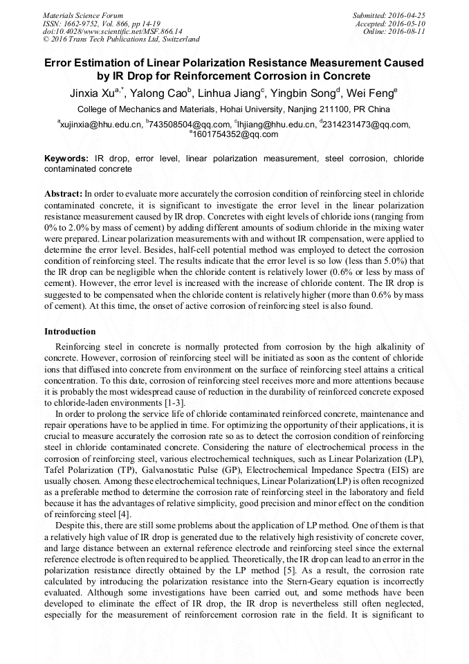 Error Estimation of Linear Polarization Resistance Measurement Caused ...