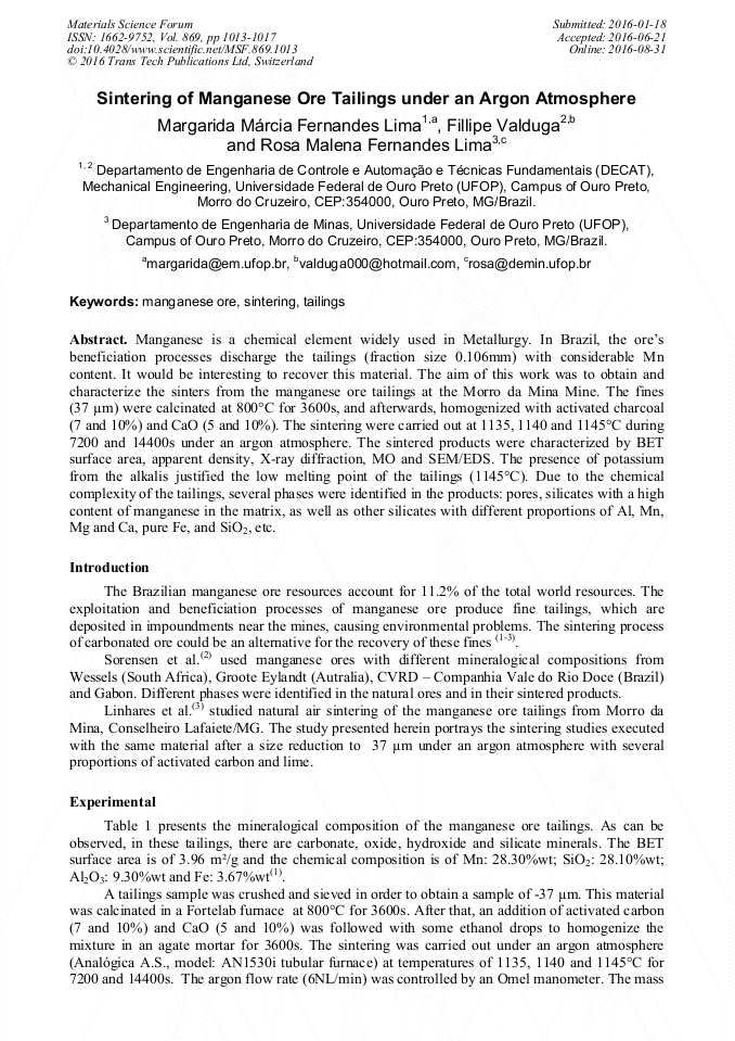 Sintering of Manganese Ore Tailings under an Argon Atmosphere ...