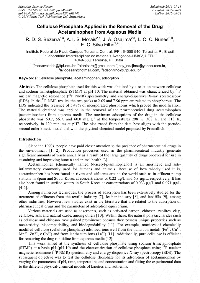 Cellulose Phosphate Applied in the Removal of the Drug Acetaminophen ...