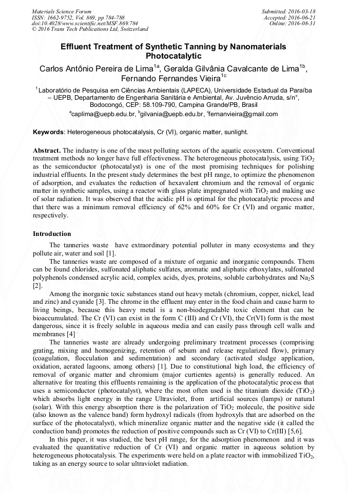 Effluent Treatment of Synthetic Tanning by Nanomaterials Photocatalytic ...