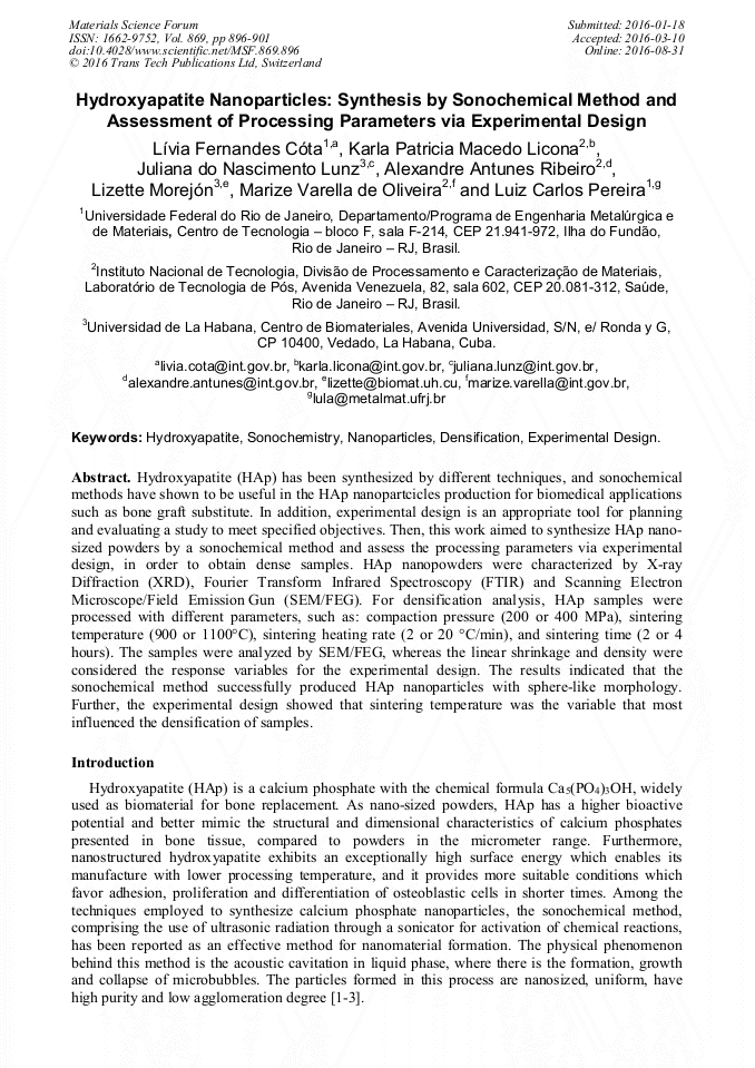 Hydroxyapatite Nanoparticles: Synthesis by Sonochemical Method and ...