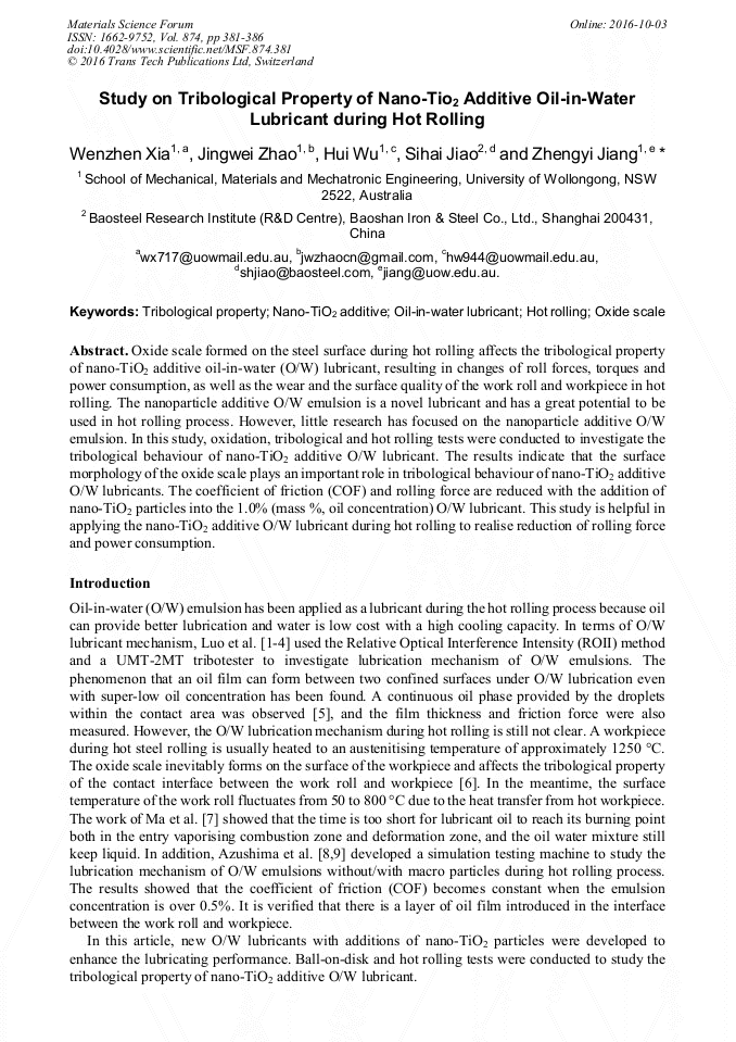 Study on Tribological Property of Nano-TiO2 Additive Oil-in-Water ...