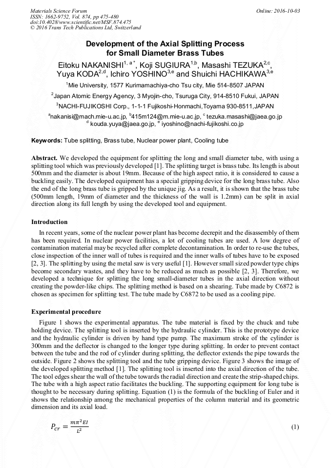 Development of the Axial Splitting Process for Small Diameter Brass ...