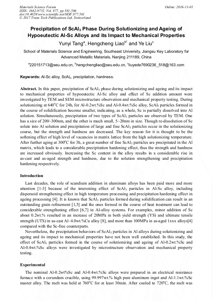 Precipitation of ScAl3 Phase during Solutionizing and Ageing of ...