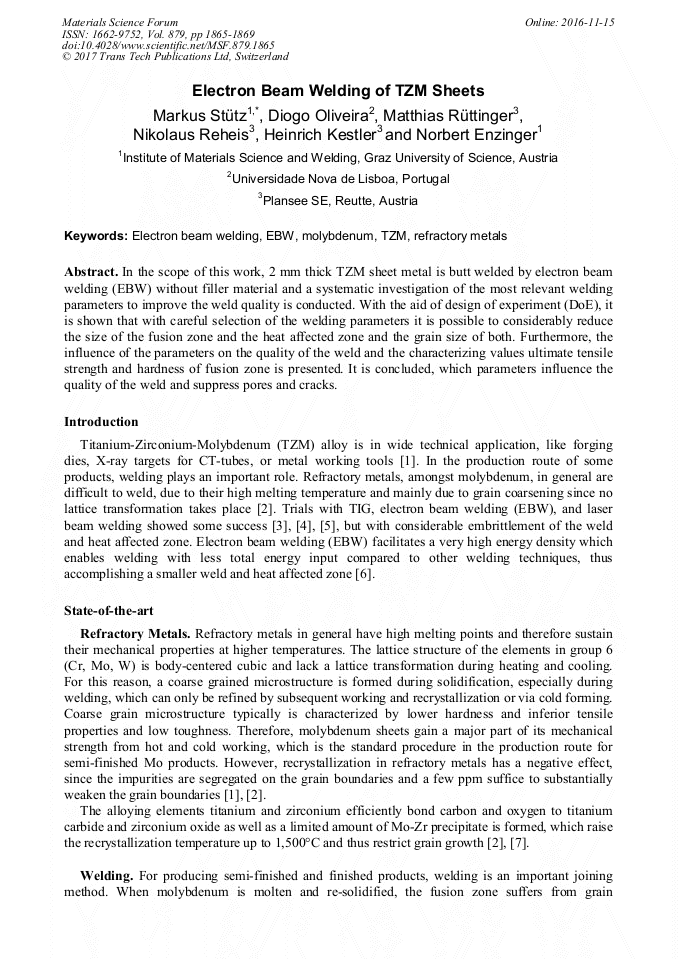 Electron Beam Welding of TZM Sheets | Scientific.Net