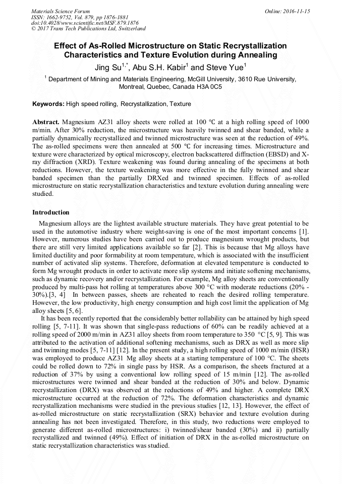 Effect of As-Rolled Microstructure on Static Recrystallization ...