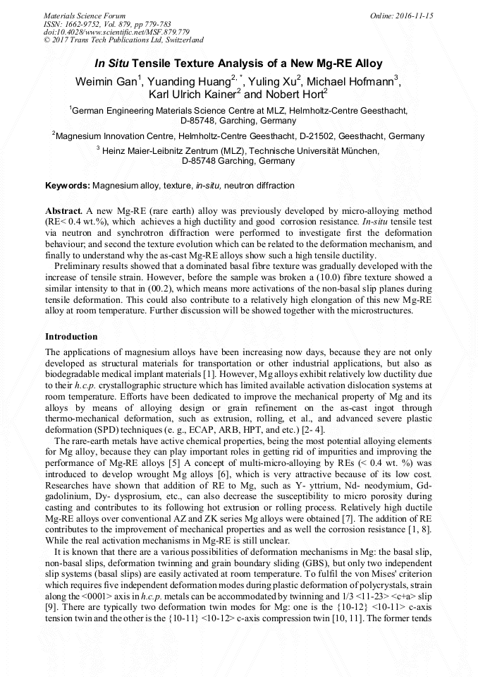 In Situ Tensile Texture Analysis of a New Mg-RE Alloy | Scientific.Net