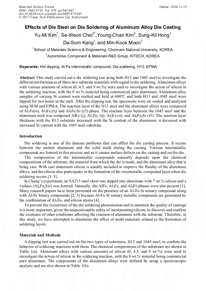 Effects of Die Steel on Die Soldering of Aluminum Alloy Die Casting ...