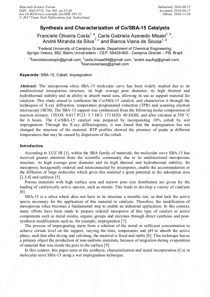 Synthesis and Characterization of Co/SBA-15 Catalysts | Scientific.Net