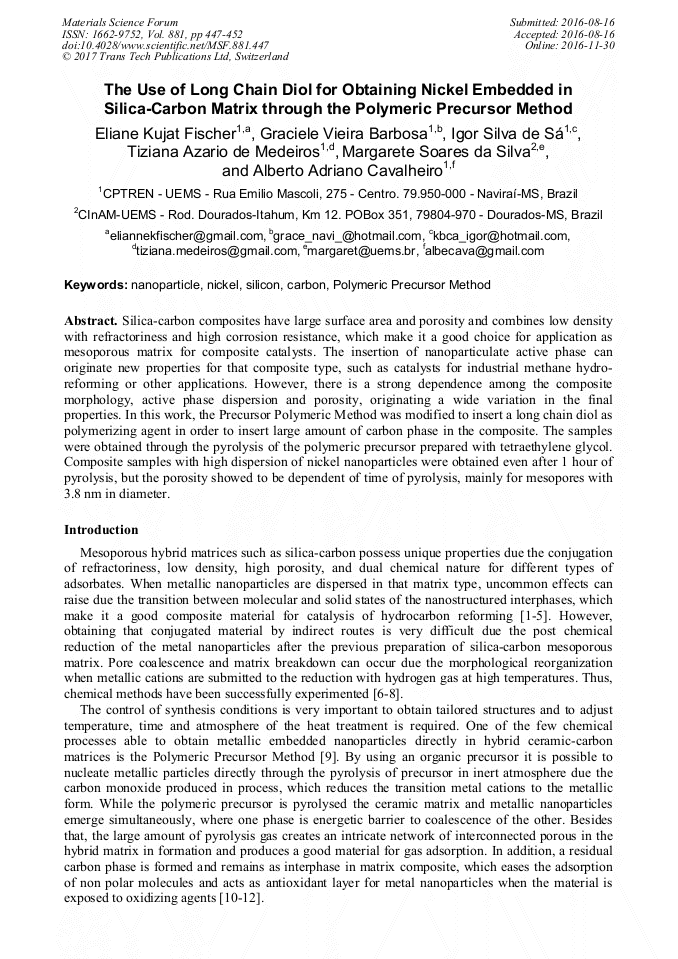 The Use of Long Chain Diol for Obtaining Nickel Embedded in Silica ...