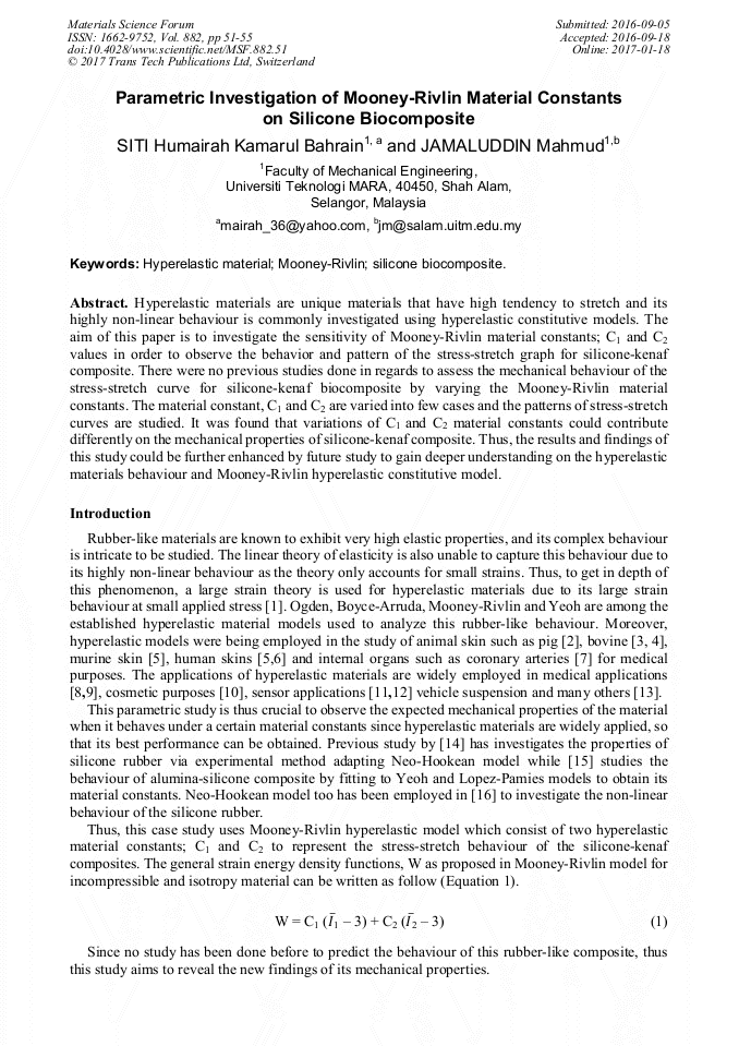Parametric Investigation of Mooney-Rivlin Material Constants on ...