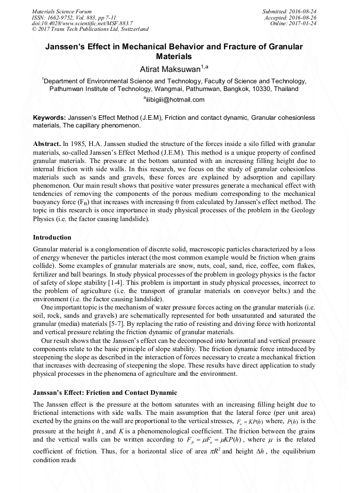 Janssen’s Effect in Mechanical Behavior and Fracture of Granular ...
