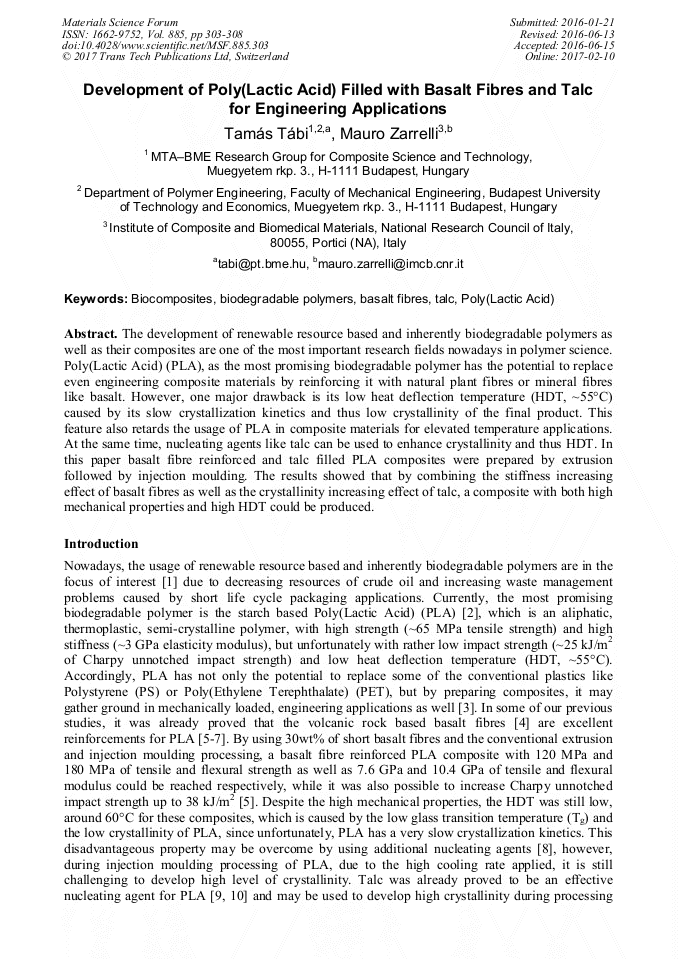 Development of Poly(Lactic Acid) Filled with Basalt Fibres and Talc for ...