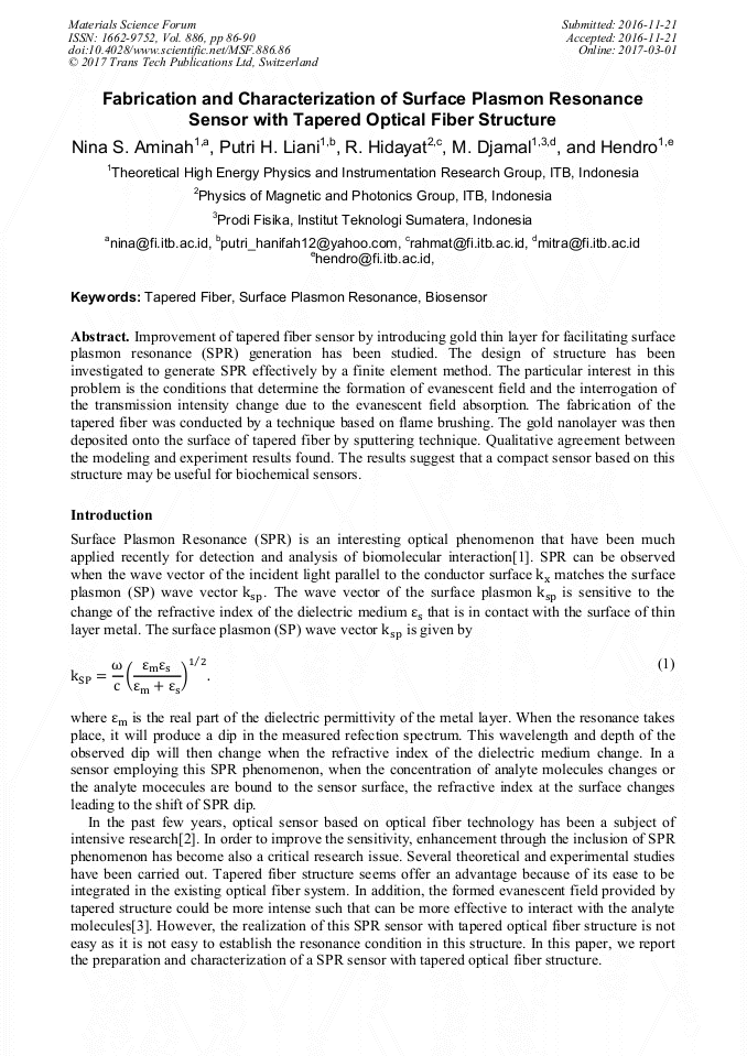 Fabrication and Characterization of Surface Plasmon Resonance Sensor ...