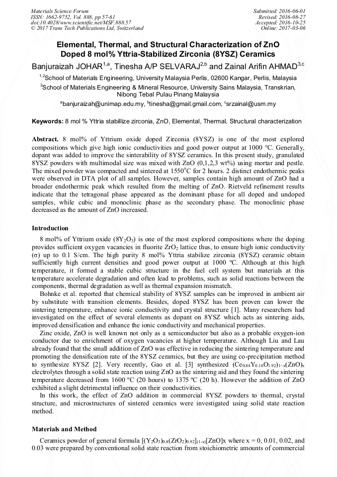 Elemental, Thermal, and Structural Characterization of ZnO Doped 8 mol ...