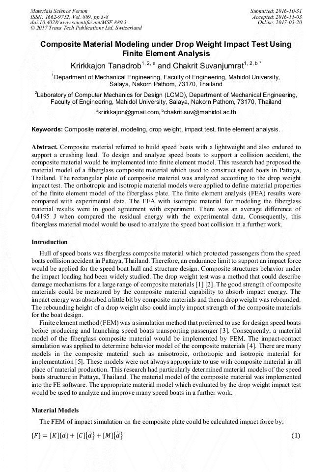 Composite Material Modeling under Drop Weight Impact Test Using Finite ...