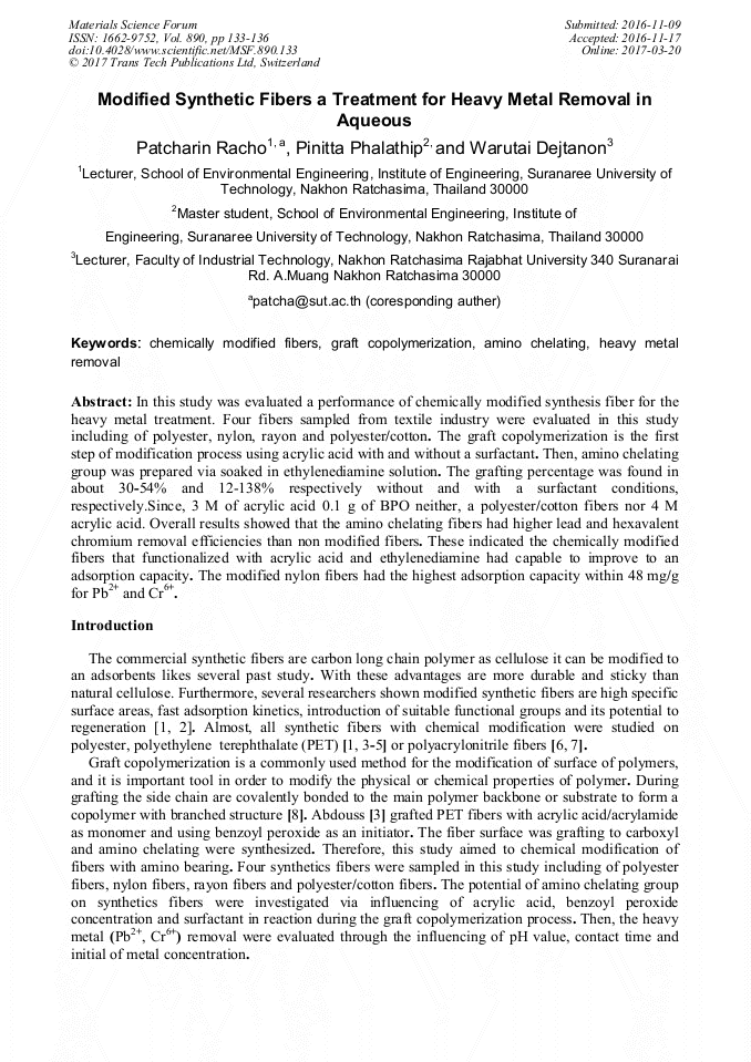 Modified Synthetic Fibers a Treatment for Heavy Metal Removal in ...