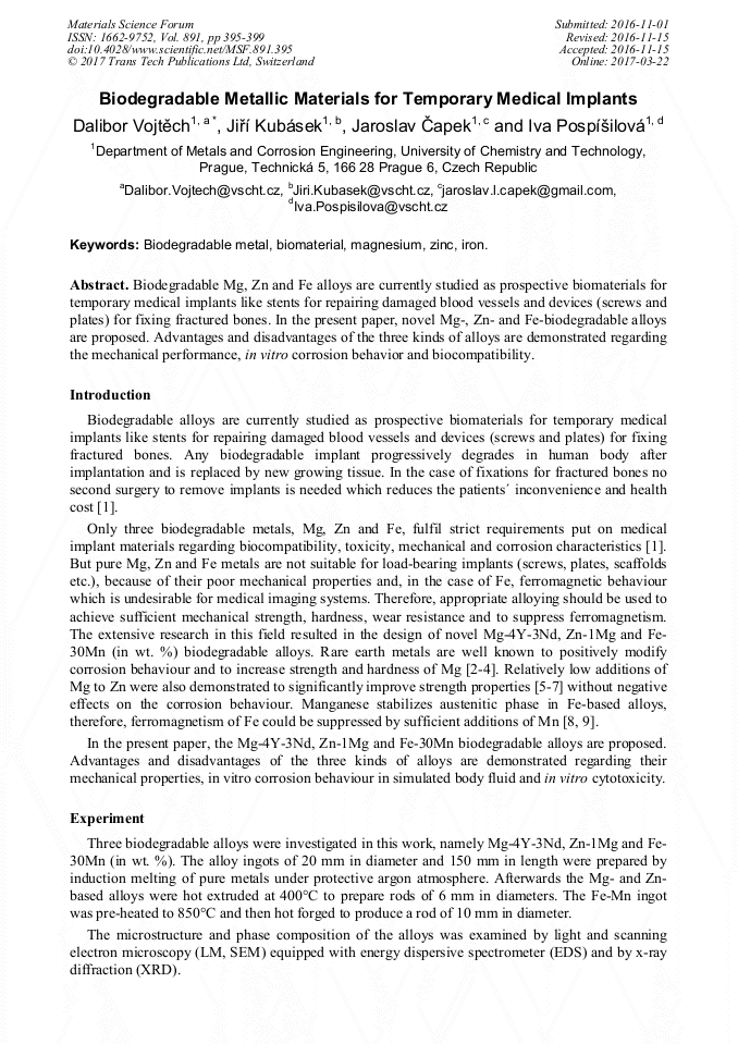 Biodegradable Metallic Materials for Temporary Medical Implants ...