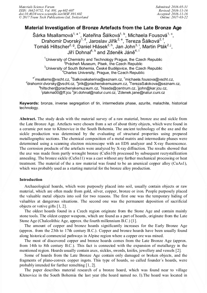 Material Investigation of Bronze Artefacts from the Late Bronze Age ...