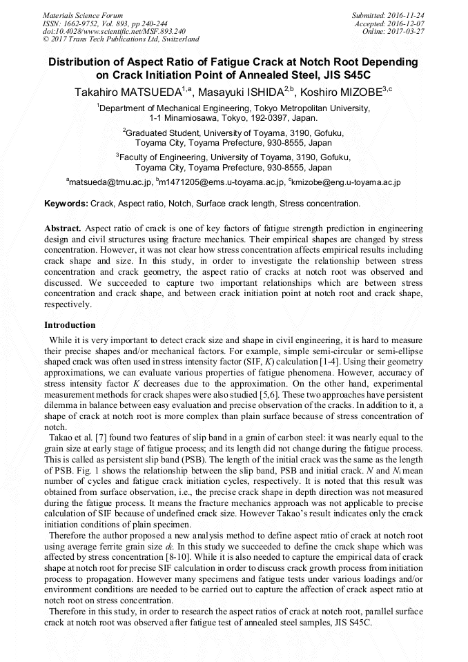 Distribution of Aspect Ratio of Fatigue Crack at Notch Root Depending ...