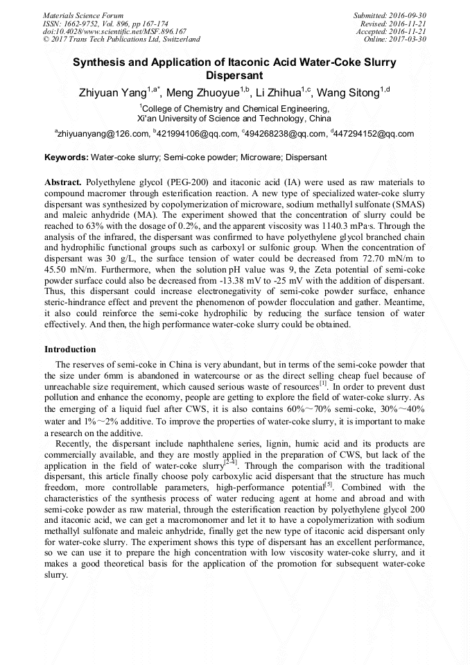 Synthesis and Application of Itaconic Acid Water-Coke Slurry Dispersant ...