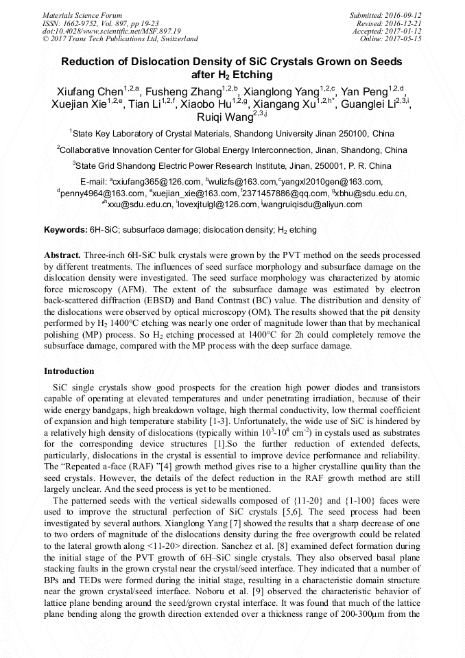 Reduction of Dislocation Density of SiC Crystals Grown on Seeds after ...