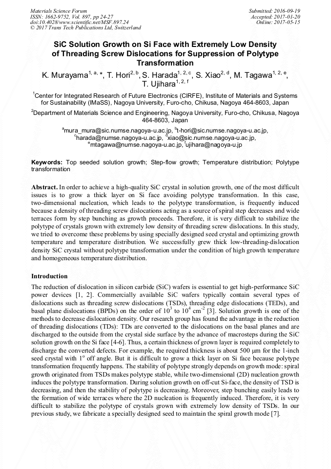 SiC Solution Growth on Si Face with Extremely Low Density of Threading ...