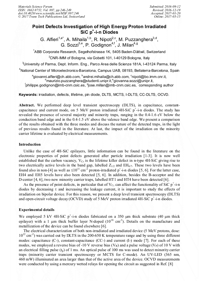 Point Defects Investigation of High Energy Proton Irradiated SiC p+-i-n ...