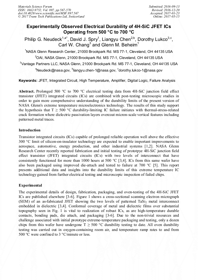 Experimentally Observed Electrical Durability of 4H-SiC JFET ICs Operating from 500 °C to 700 °C ...