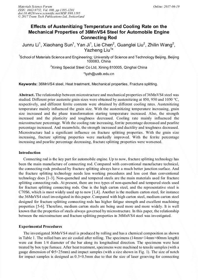 Effects of Austenitizing Temperature and Cooling Rate on the Mechanical Properties of 36MnVS4 ...