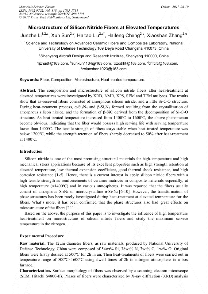 Microstructure of Silicon Nitride Fibers at Elevated Temperatures ...