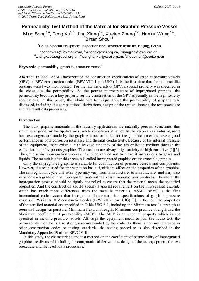 Permeability Test Method of the Material for Graphite Pressure Vessel ...