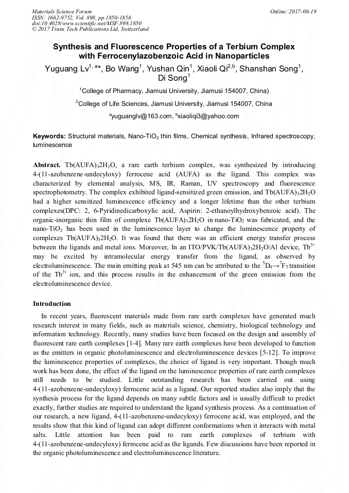 Synthesis and Fluorescence Properties of a Terbium Complex with ...