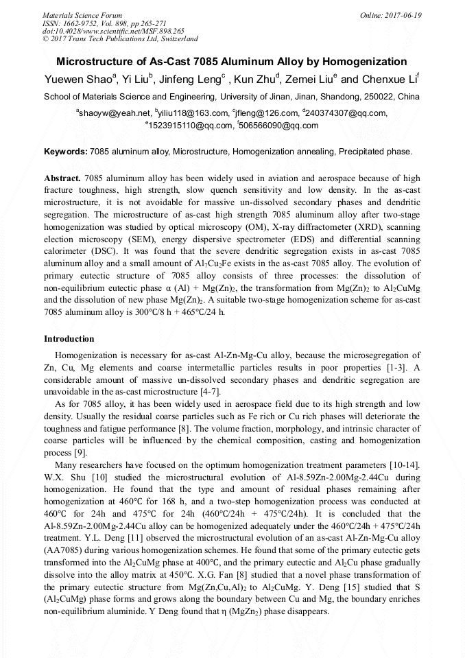 Microstructure of As-Cast 7085 Aluminum Alloy by Homogenization ...