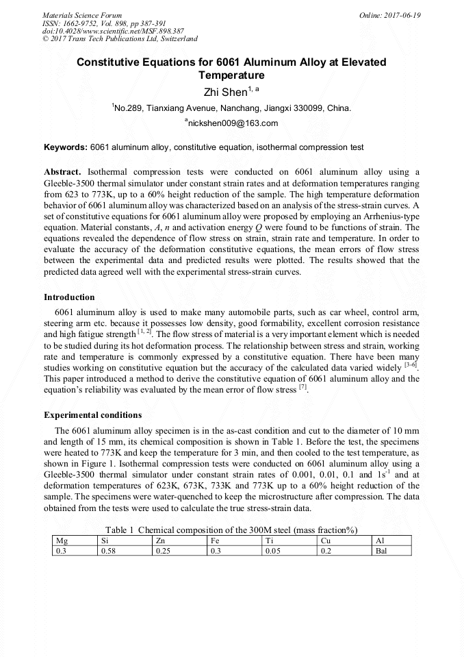 Constitutive Equations for 6061 Aluminum Alloy at Elevated Temperature ...