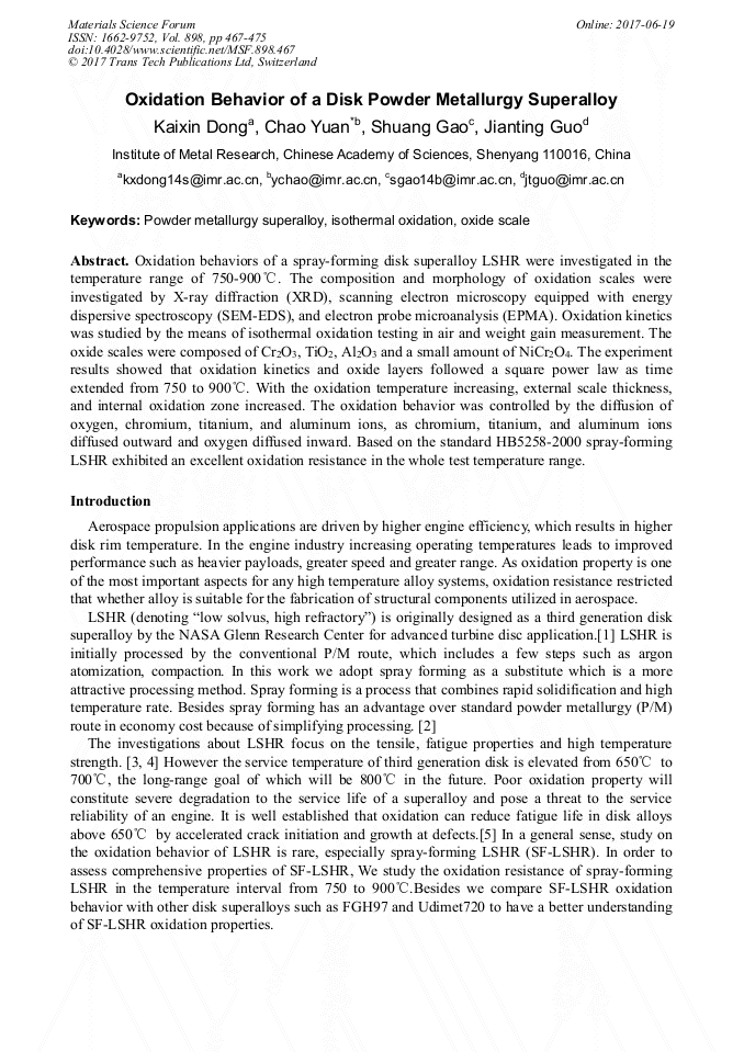 Oxidation Behavior of a Disk Powder Metallurgy Superalloy | Scientific.Net