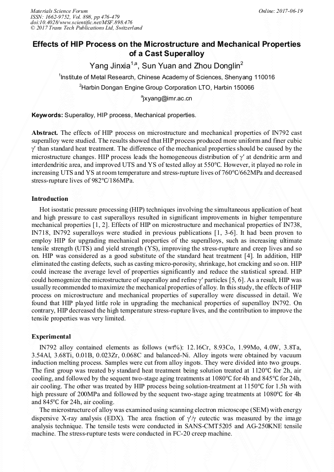 Effects of HIP Process on the Microstructure and Mechanical Properties ...
