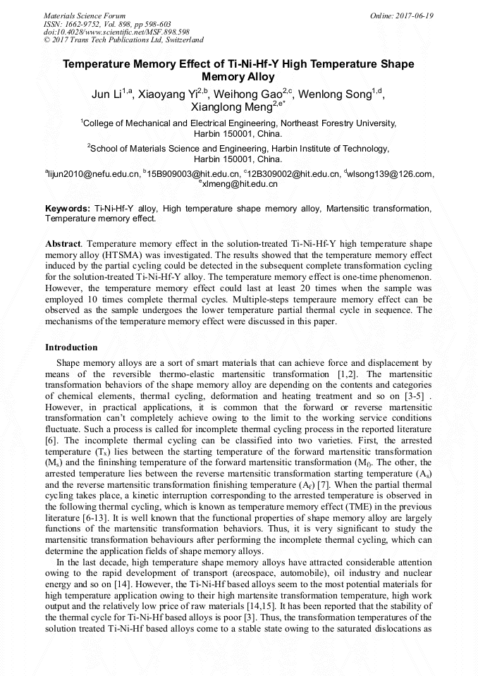 Temperature Memory Effect of Ti-Ni-Hf-Y High Temperature Shape Memory ...