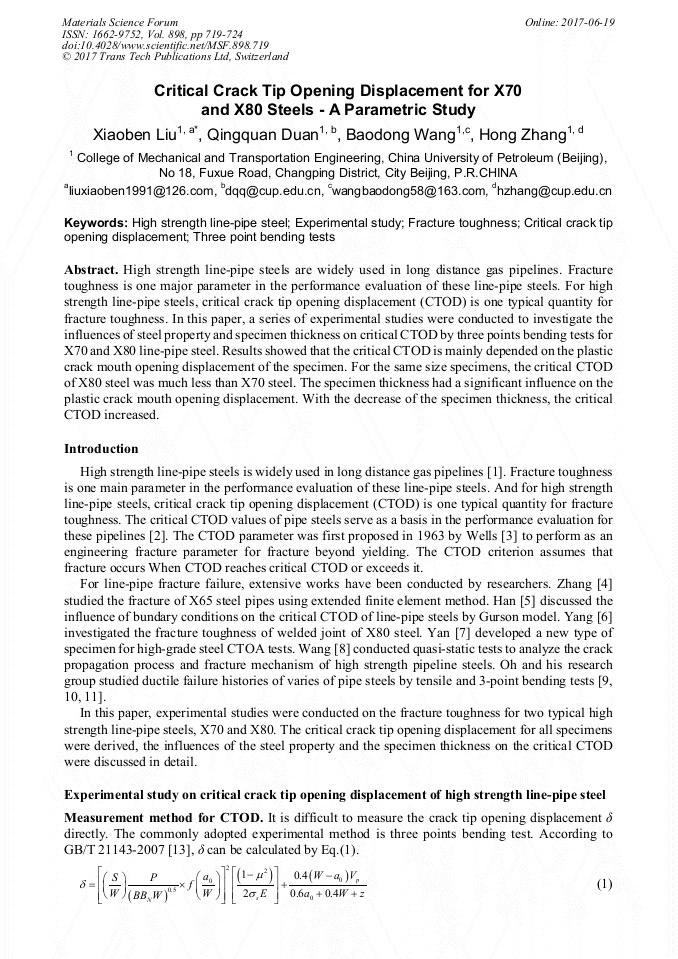 Critical Crack Tip Opening Displacement for X70 and X80 Steels - A ...