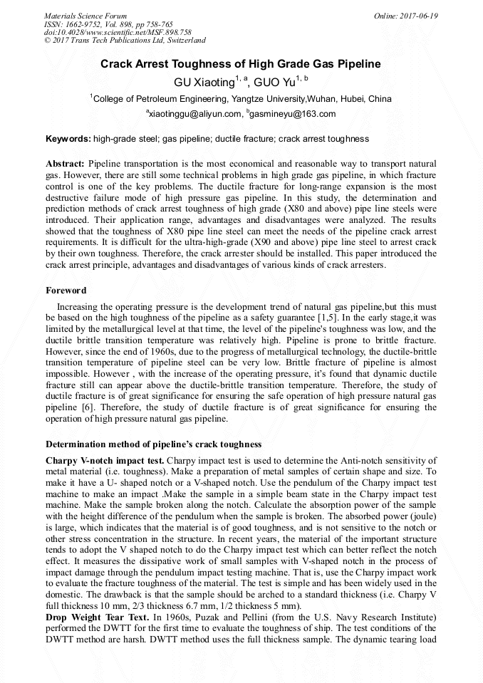 Crack Arrest Toughness of High Grade Gas Pipeline | Scientific.Net