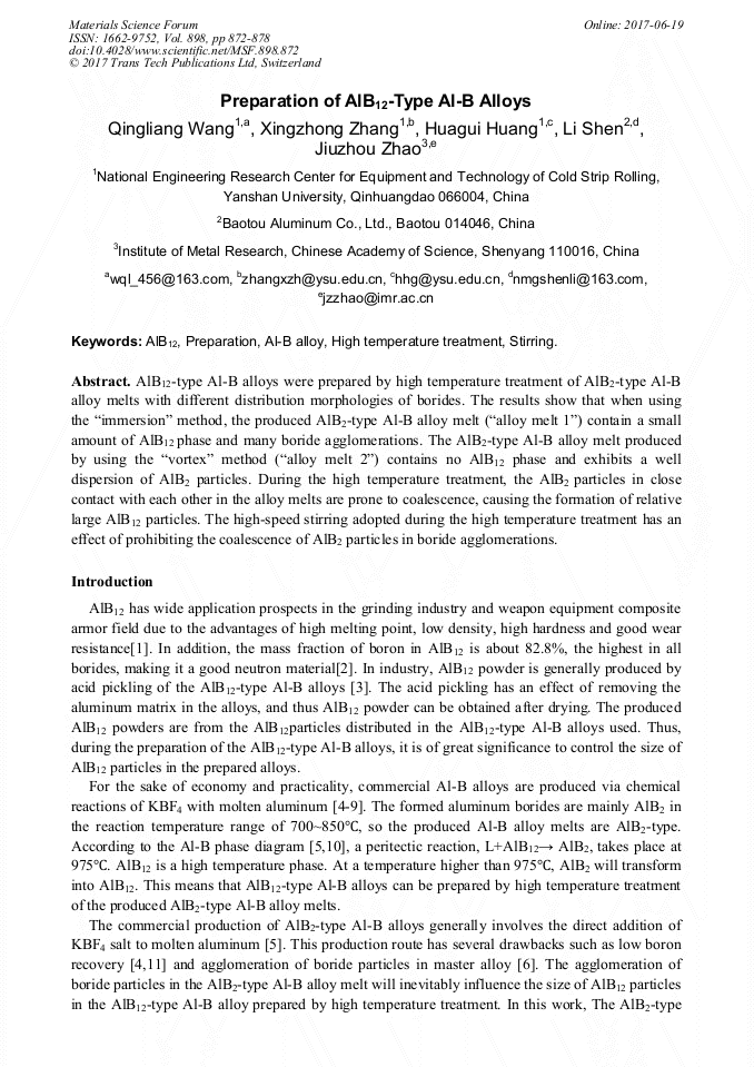 Preparation of AlB12-Type Al-B Alloys | Scientific.Net