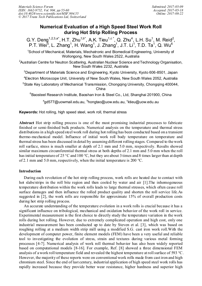 Numerical Evaluation of a High Speed Steel Work Roll during Hot Strip ...