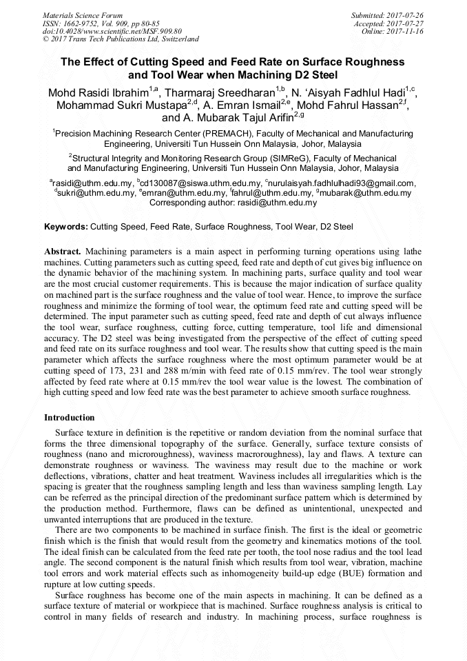 The Effect of Cutting Speed and Feed Rate on Surface Roughness and Tool ...