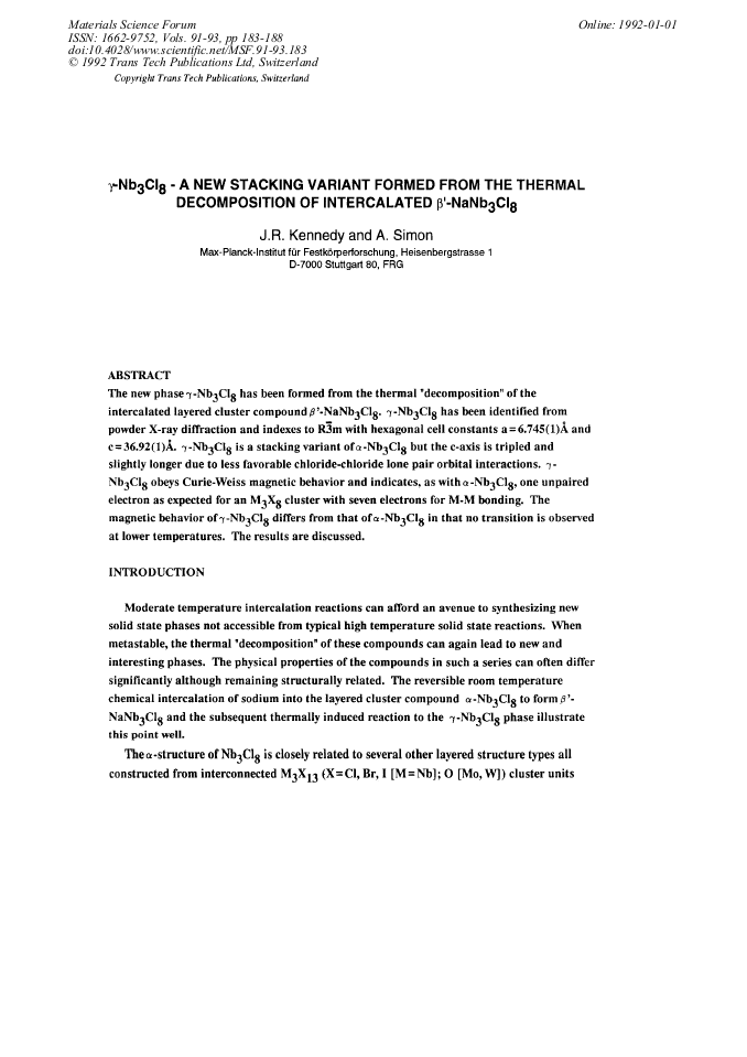 γ-Nb3Cl8 - a New Stacking Variant Formed from the Thermal Decomposition ...