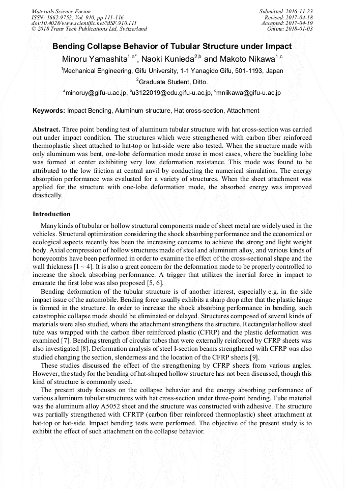 Bending Collapse Behavior of Tubular Structure under Impact ...